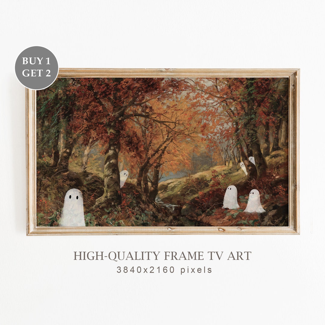 Cute Ghosts Frame TV Art, Ghosts in Vintage Fall Painting, Spooky Art ...