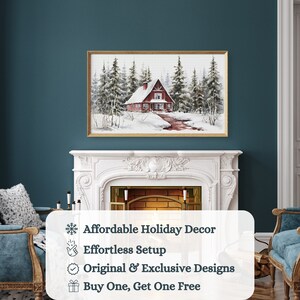 Winter Cottage TV Frame Art, Snowy Landscape Painting, Christmas Decor ...