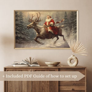 Christmas TV Frame Art, Santa Raiding a Reindeer Oil Painting ...