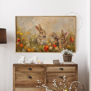 Easter Frame TV Art, Easter Bunnies in a Spring Wildflower Field Oil ...