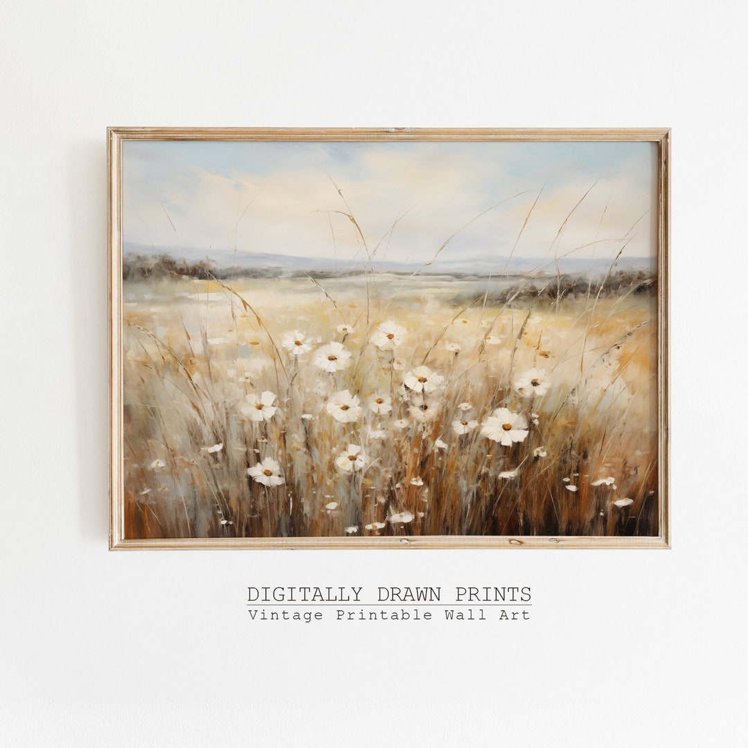 Printable Wildflower Field Landscape Vintage Oil Painting, Moody Spring ...