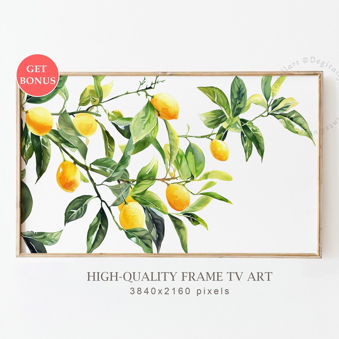 Watercolor Lemon Branches Frame TV Art, Summer Citrus Digital Art for ...