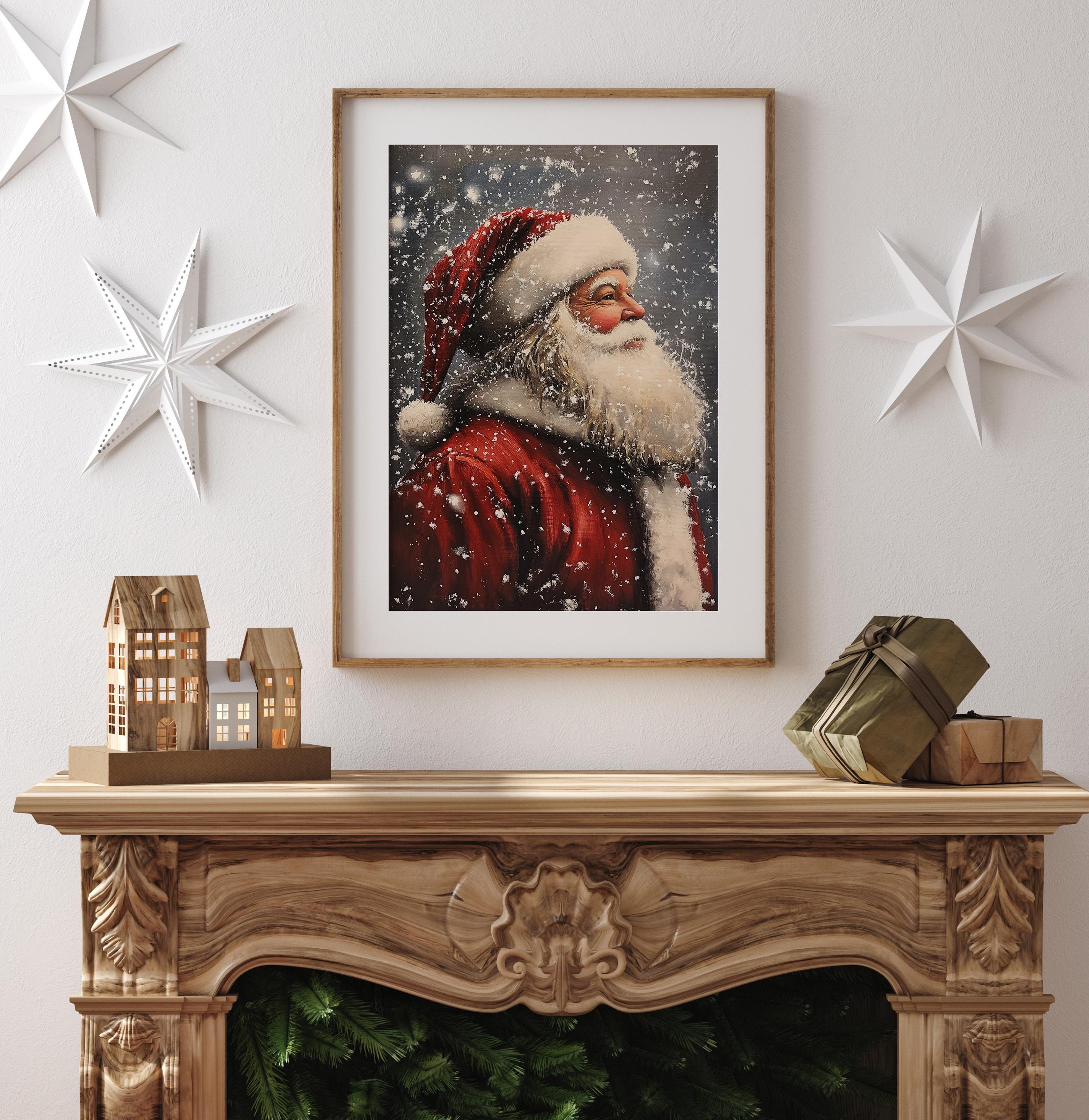 Vintage Santa Portrait Wall Art, Snowy Printable Christmas Art, Rustic ...