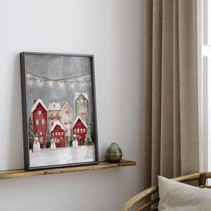 Watercolor Christmas Village Print: Snowman Winter Landscape (digital ...