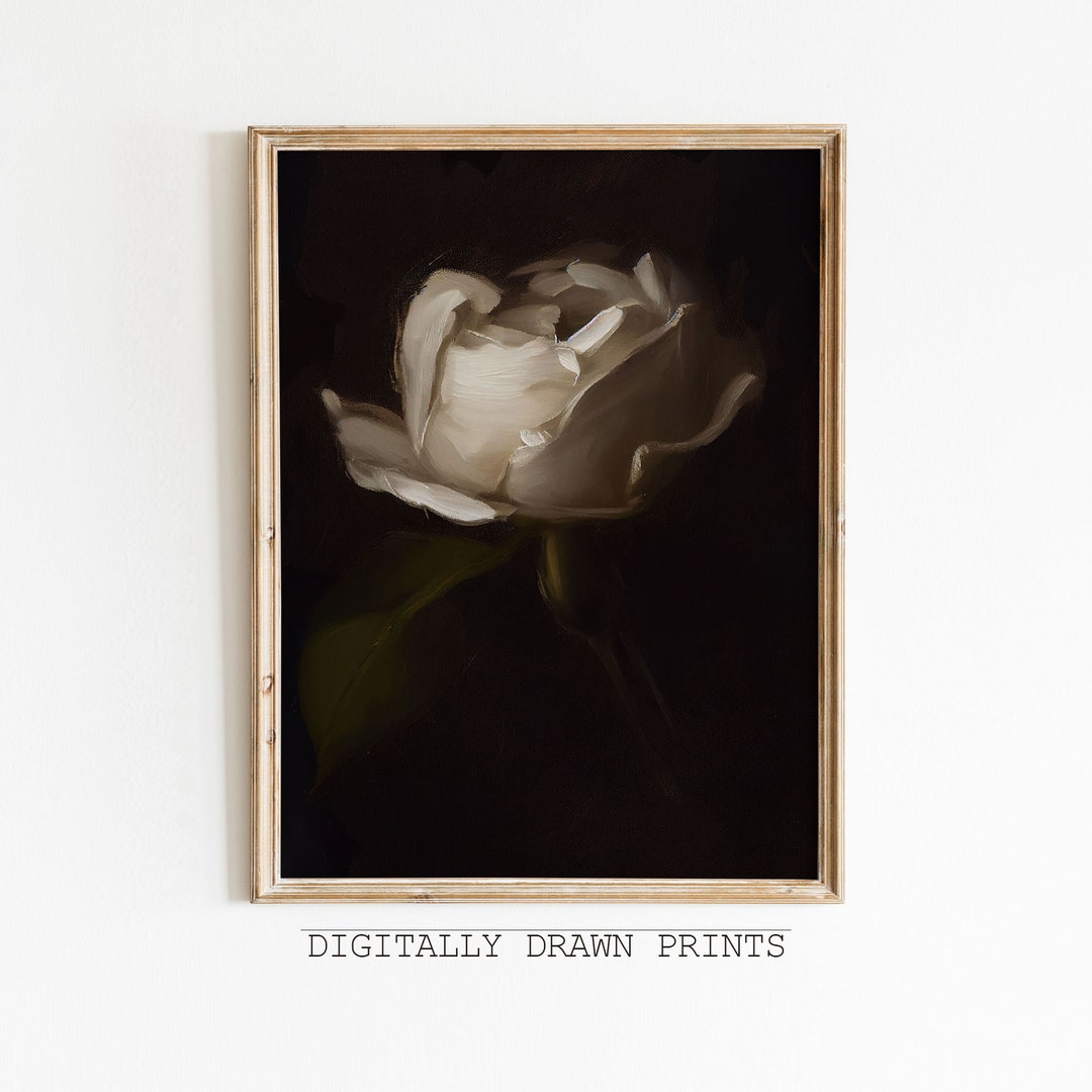 Vintage Moody White Rose Print, Dark Academia Botanical Wall Art Floral ...