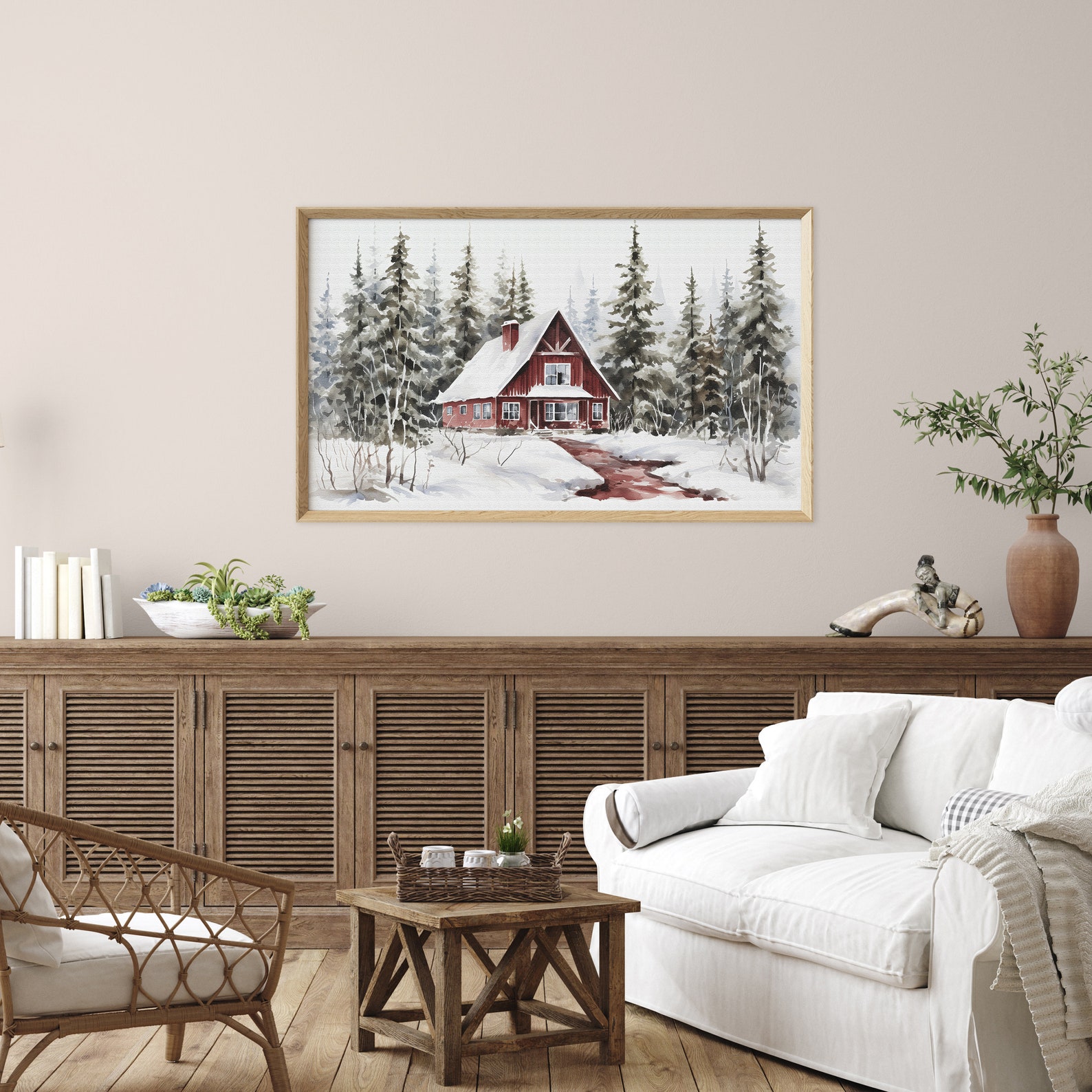 Winter Cottage TV Frame Art, Snowy Landscape Painting, Christmas Decor ...