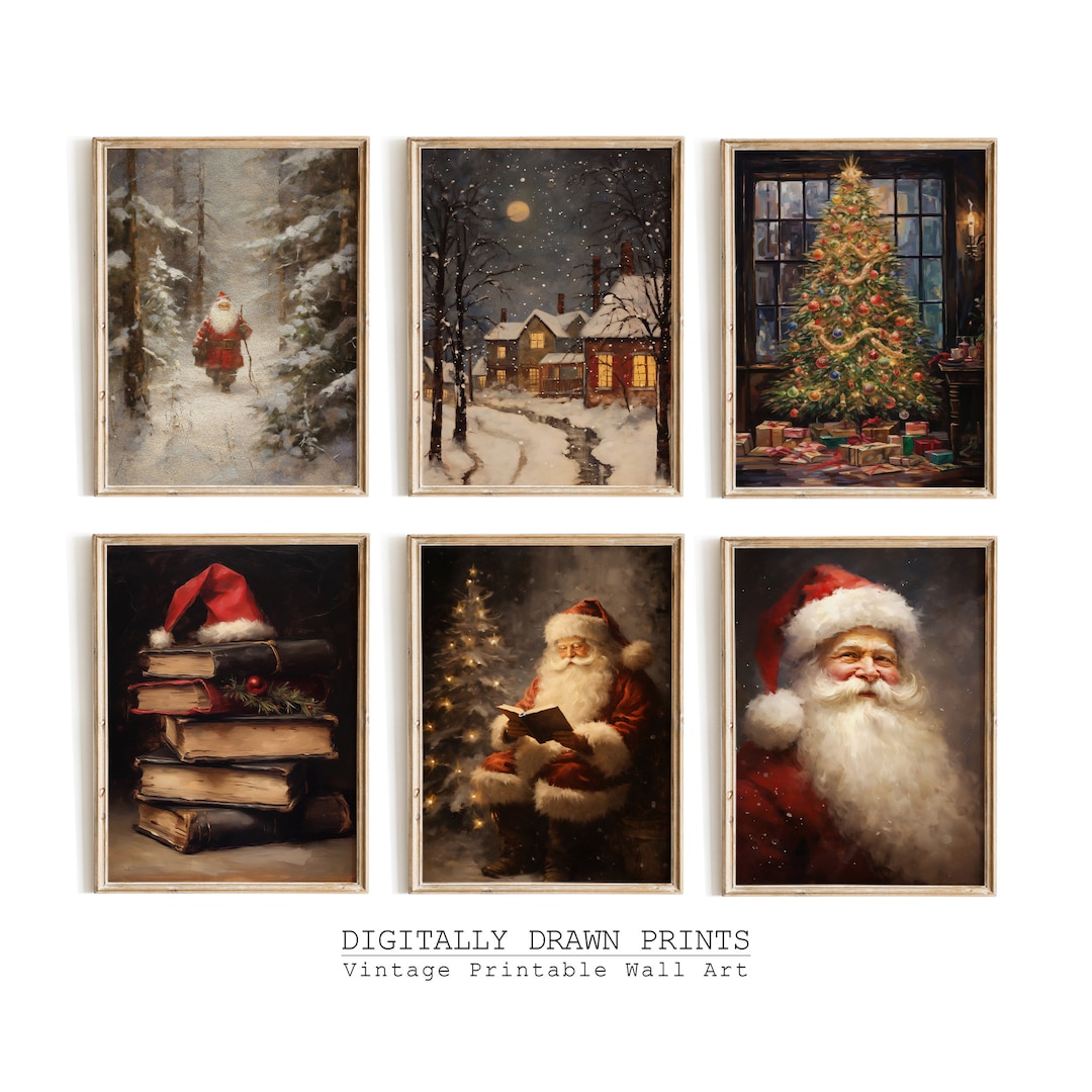 Vintage Christmas Wall Art Set of 6, Santa Claus Holiday Prints ...