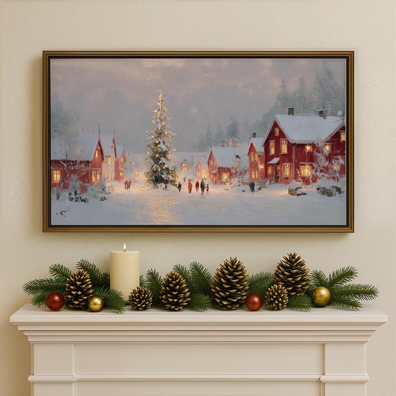Vintage Christmas Village Frame TV Art, Scandinavian Holiday Oil ...