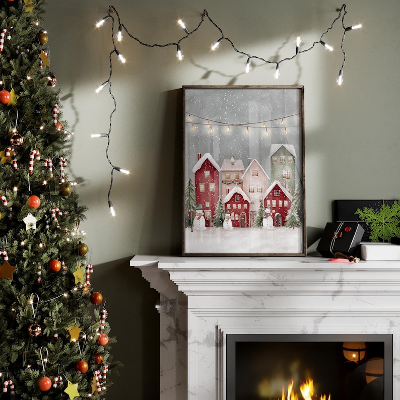 Watercolor Christmas Village Print: Snowman Winter Landscape (digital ...
