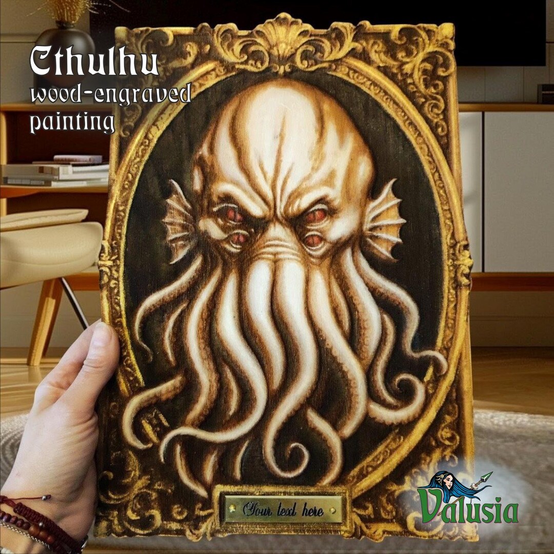 Lovecraftian Cthulhu Painting on Wood, Acrylic Colors, Engraved, With a ...