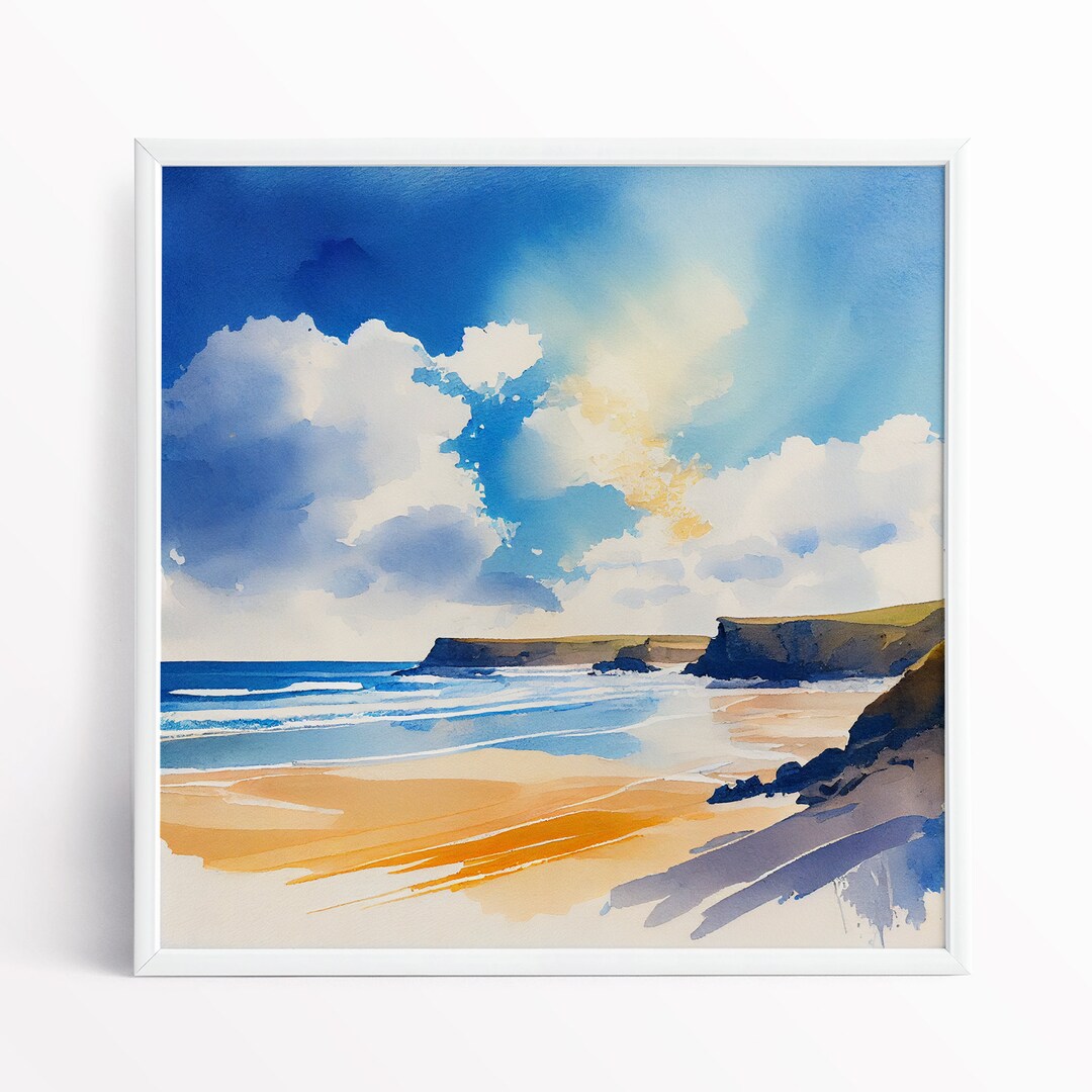 Watergate Bay Cornwall Seascape: Abstract Watercolor Beach Print - Etsy
