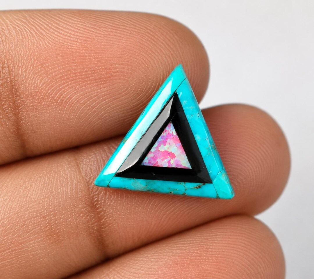 Turquoise Triangle Cabochon, Pink Opal Inlay Stone, Handmade Geometric ...