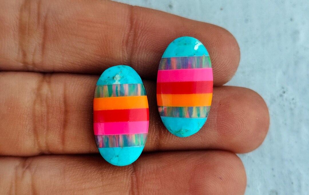 Turquoise Ethiopian Opal Cabochon Striped Gemstone Doublet (18x10mm) - Etsy