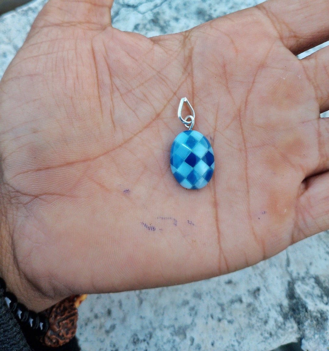 Blue Opal Handmade Checker Gemstone Pendant Oval Silver Necklace - Etsy