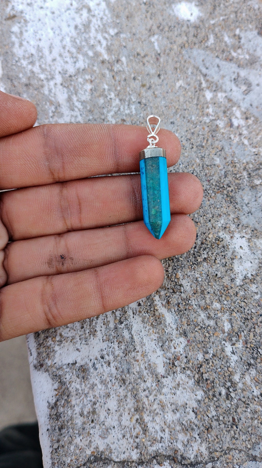 Natural Chrysocolla and Turquoise Firoza Stone Silver Pencil Necklace ...