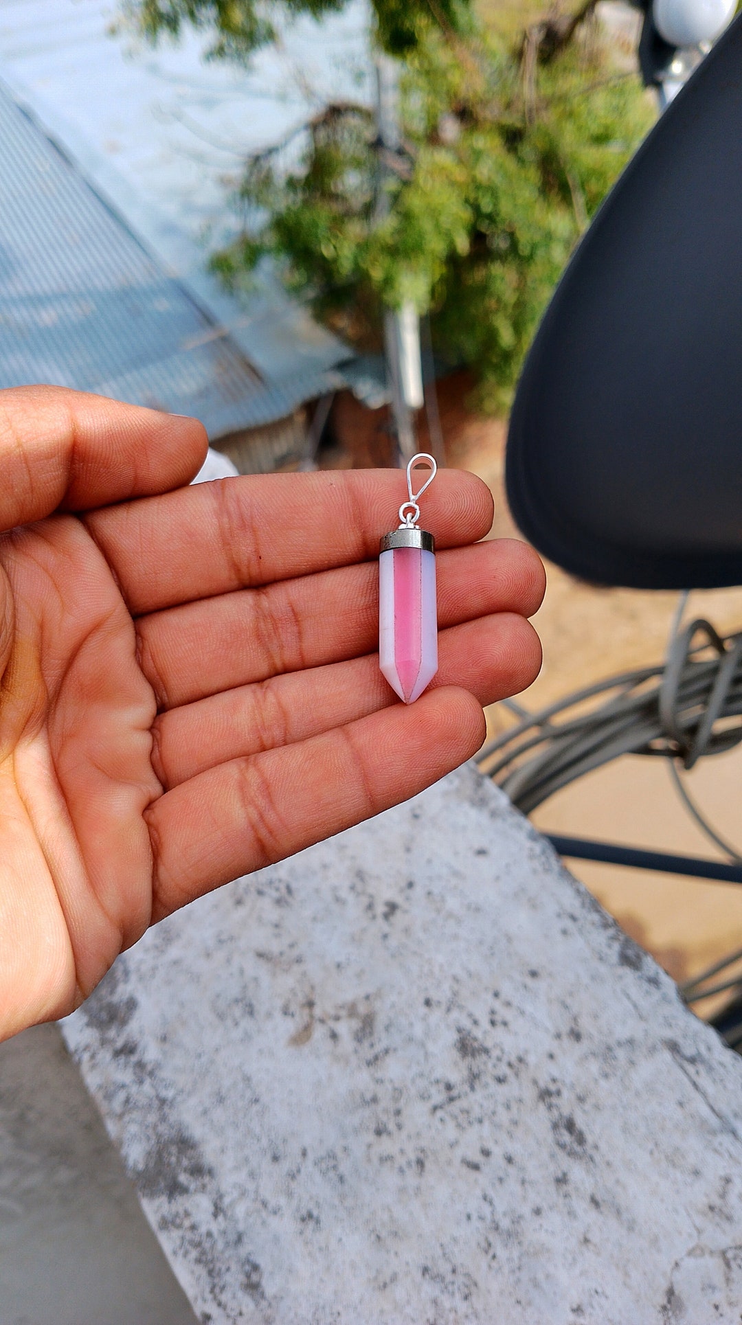 Pink Jade,white Opal ,gold Pyrite Slice Stone Pencil Silver Pendant ...