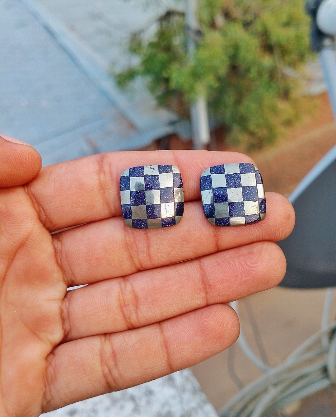 Blue Sun Gemstone,pyrite Checker Cushion Cabochon Pair,calibrated ...