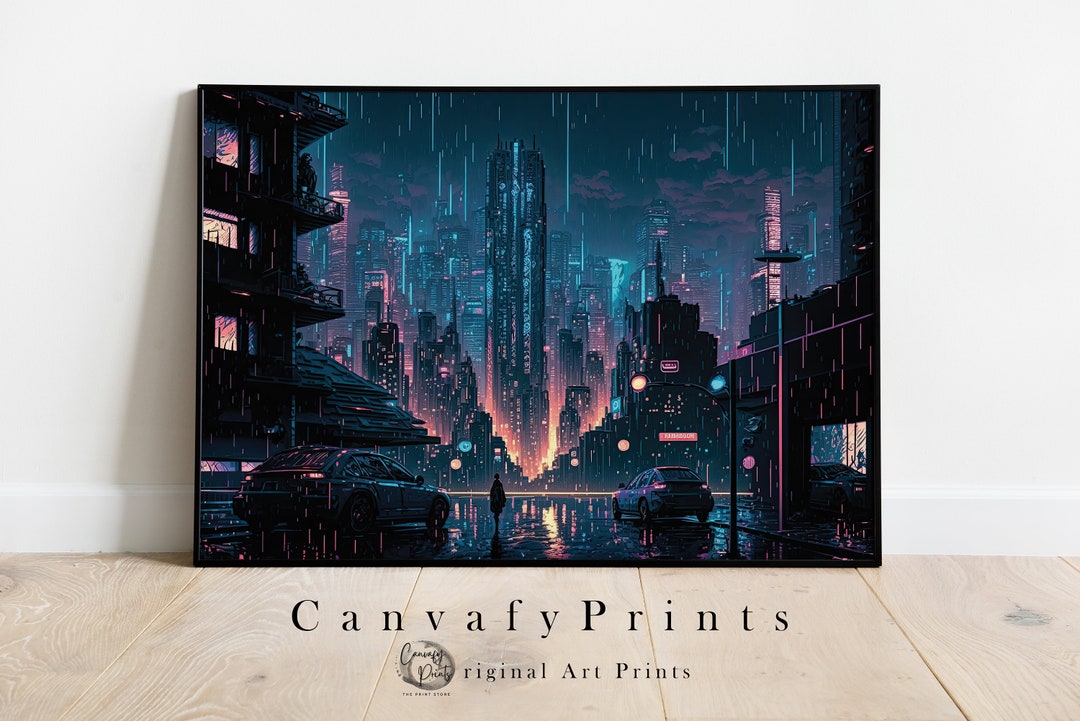 Cyberpunk Print, Futuristic Street, Purple Orange Cyan Neon Lights Art ...