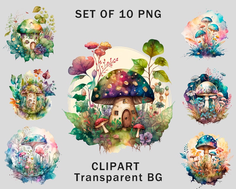 Watercolor Mushrooms Clipart Bundle, Cute Nature Art, Set of 10, PNG ...