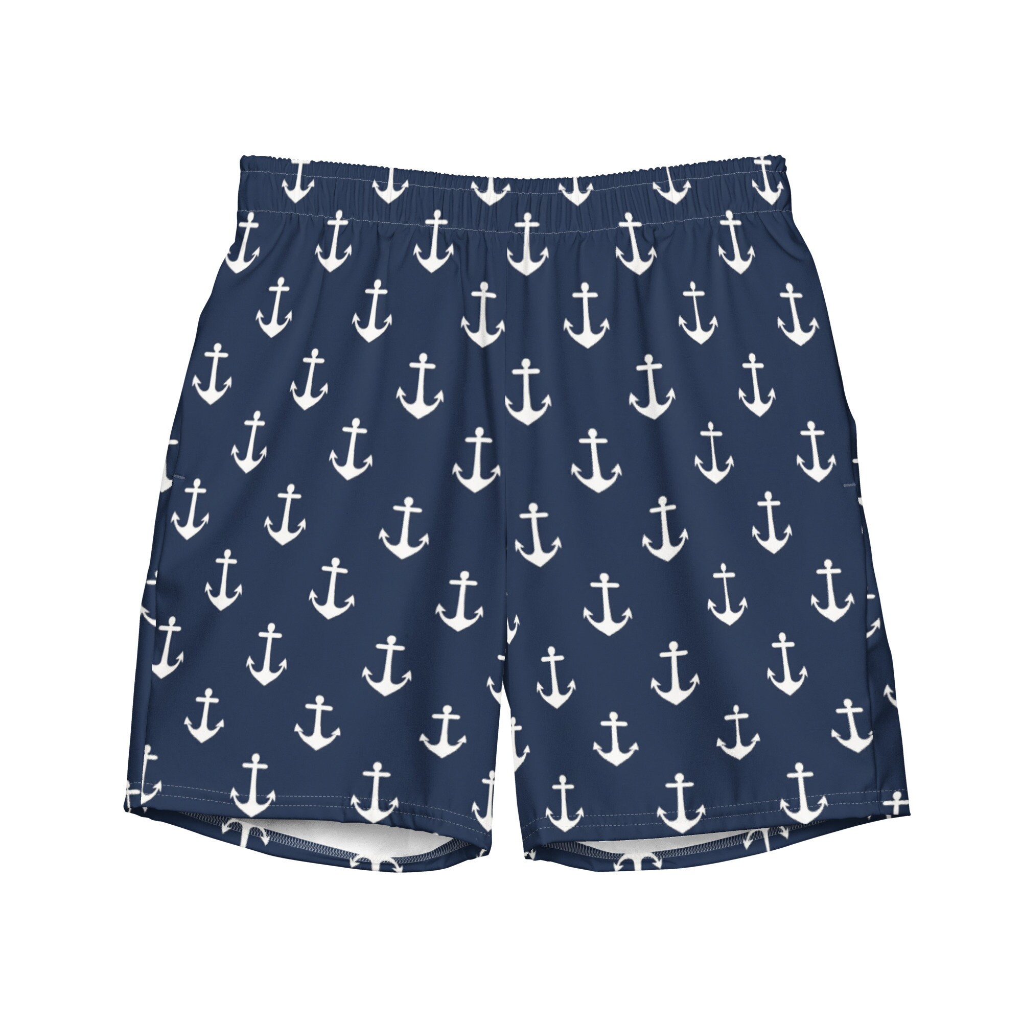 Nautical Navy Blue Swim Trunks With White Anchors Sustainable Beachwear ...