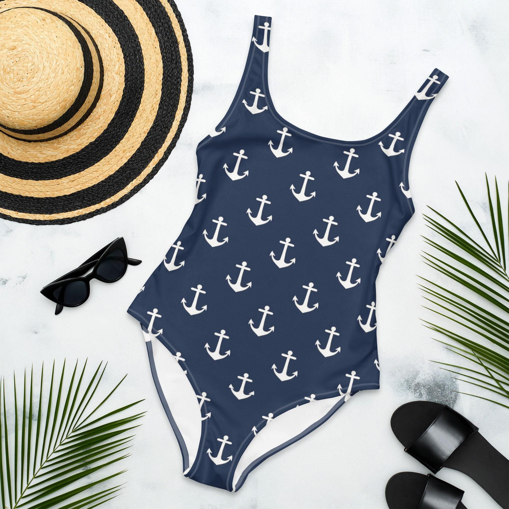 Navy Blue Anchor Swimsuit: Stylish Beachwear, Scoop Neck Summer ...