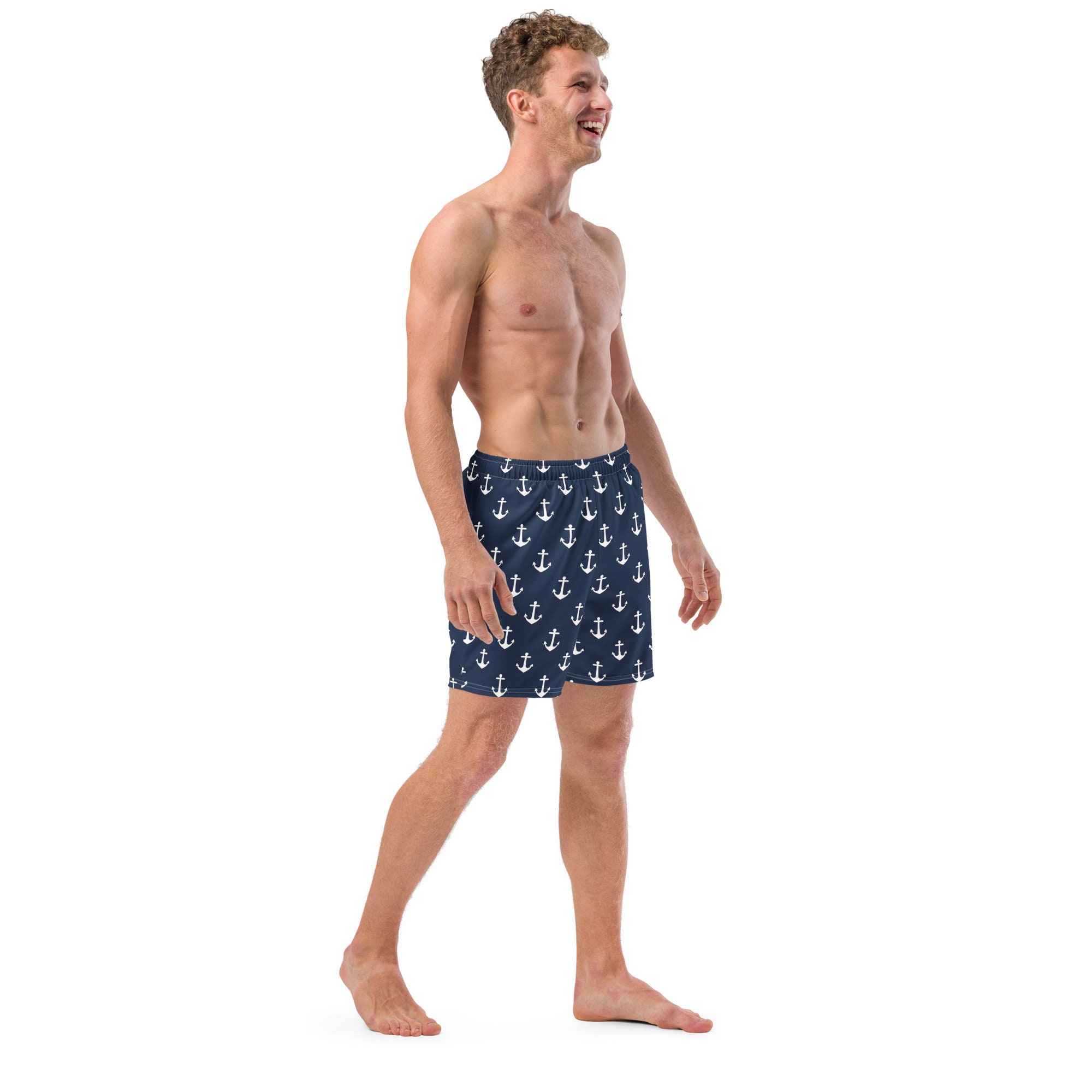 Nautical Navy Blue Swim Trunks With White Anchors Sustainable Beachwear ...