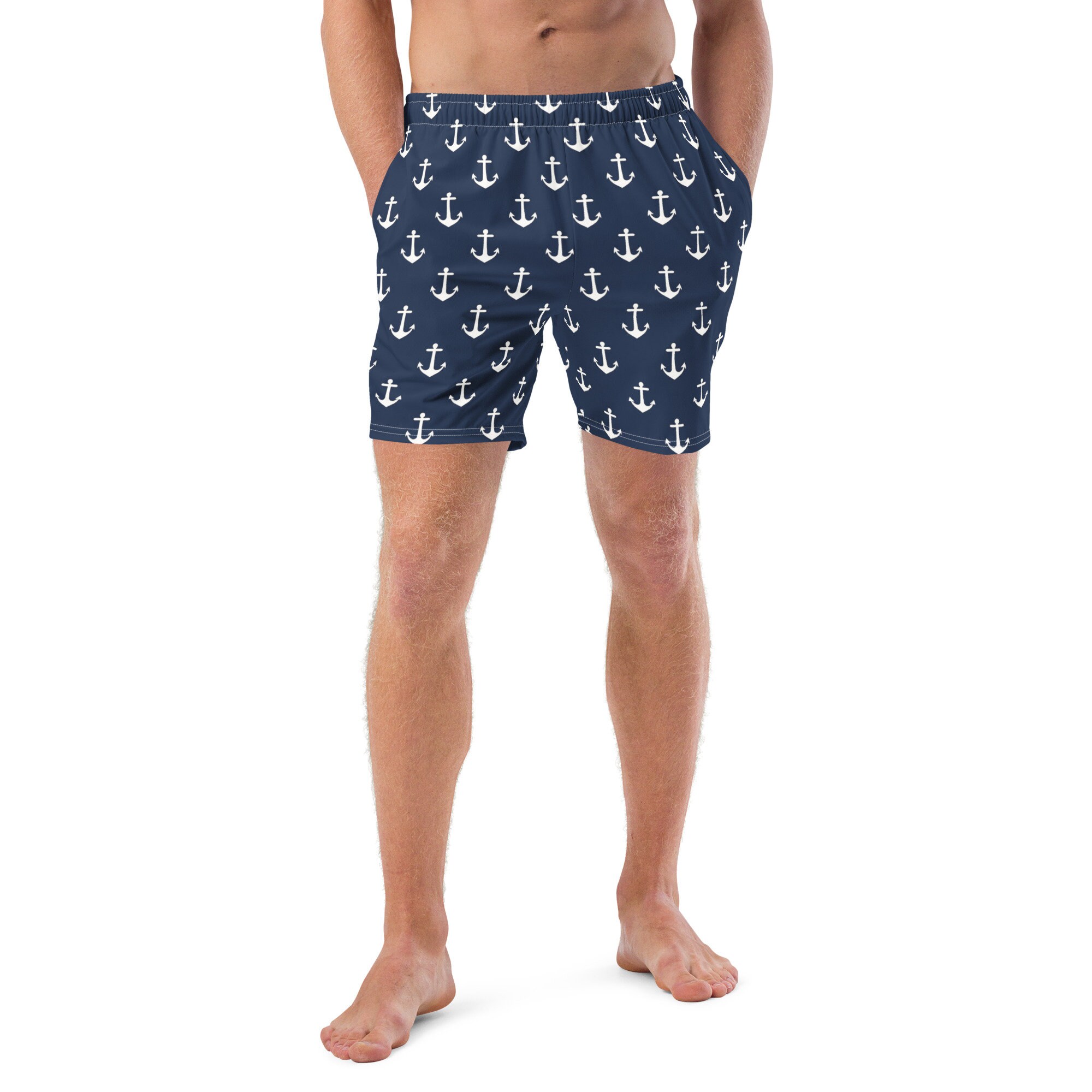 Nautical Navy Blue Swim Trunks With White Anchors Sustainable Beachwear ...