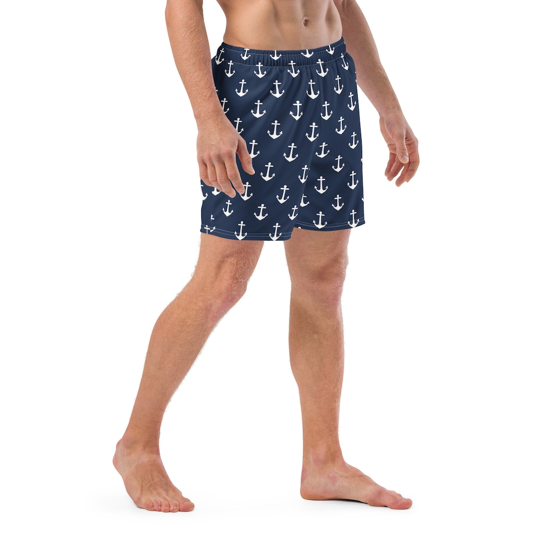 Nautical Navy Blue Swim Trunks With White Anchors Sustainable Beachwear ...