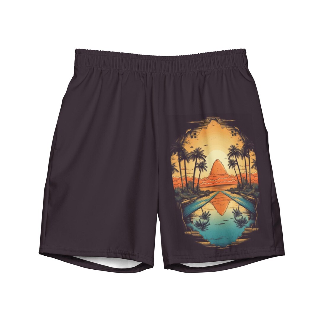 Men's Retro Egyptian Pyramid Swim Trunks, Black Quick-dry Swim Shorts ...