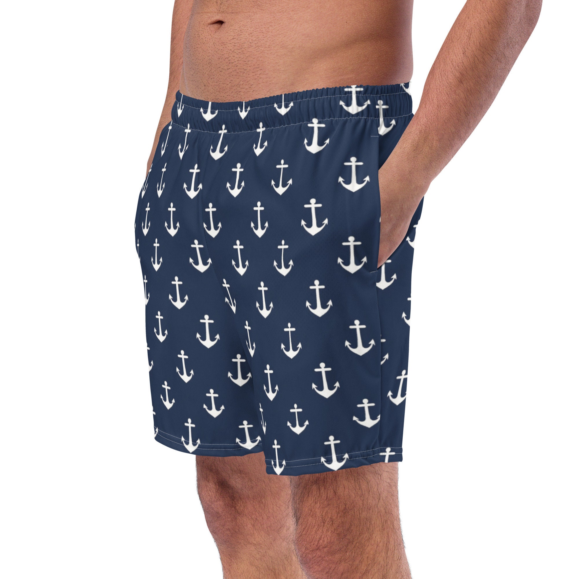 Nautical Navy Blue Swim Trunks With White Anchors Sustainable Beachwear ...