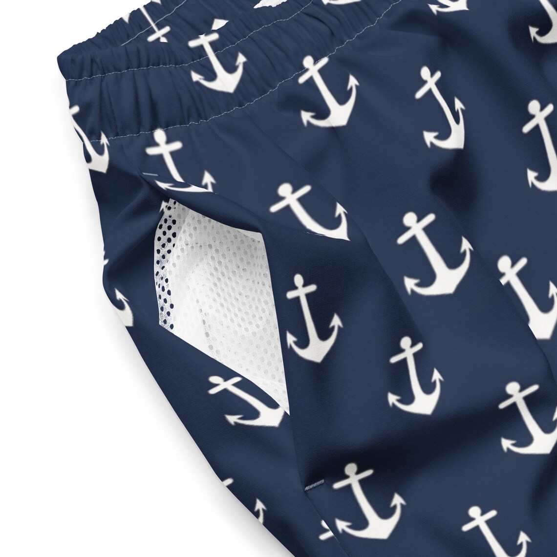 Nautical Navy Blue Swim Trunks With White Anchors Sustainable Beachwear ...