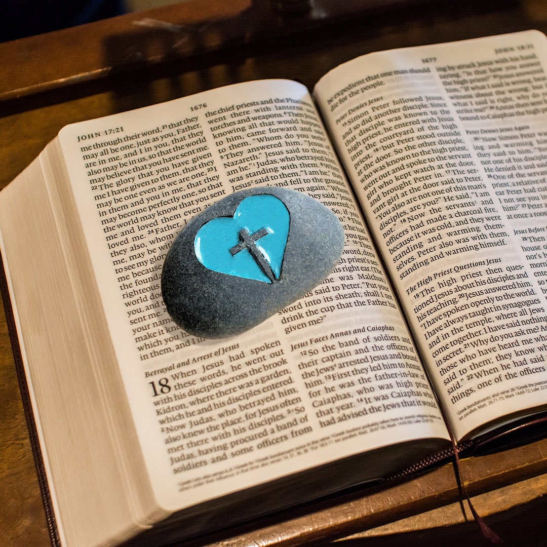 Hand Carved Prayer Stone: Memorial Cross With Blue Heart - Etsy UK
