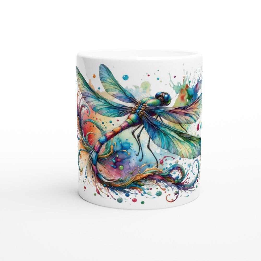 Dragonfly Ceramic Mug Watercolor Splash Design Dragonfly Colorful ...