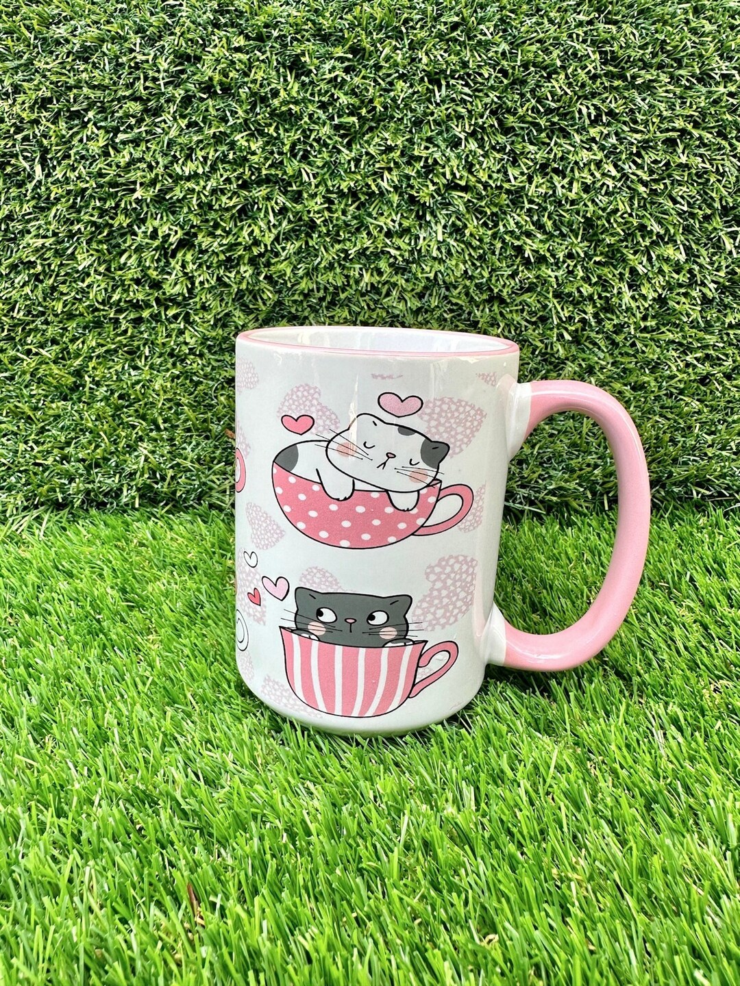 Cat Love Mug, Love Coffee, Cute Heart, Pink Mug 15oz, Valentine Cats ...