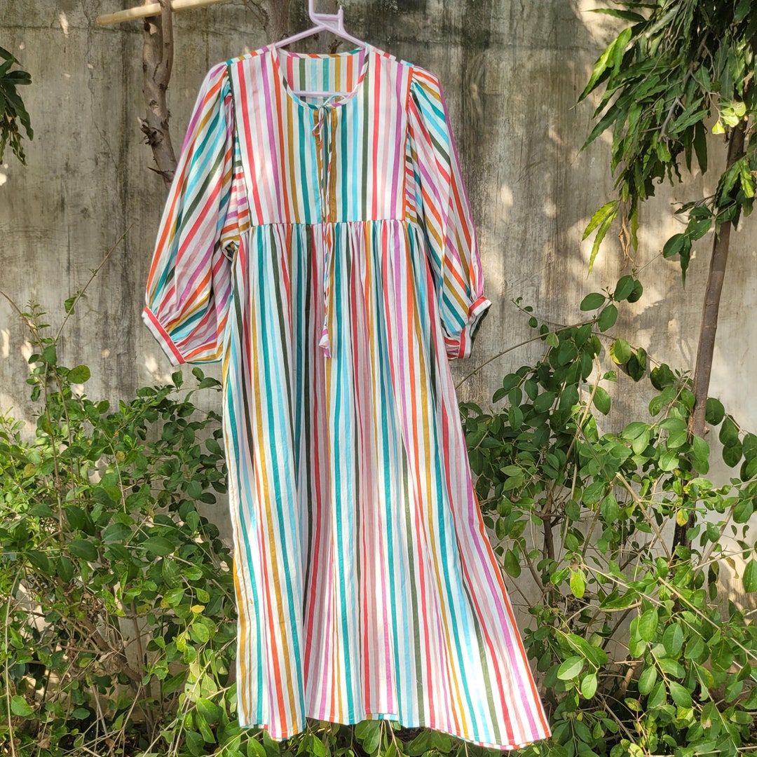 Striped Hand Block Print Kyra Midi Dress | Bohemian Cotton Dress ...
