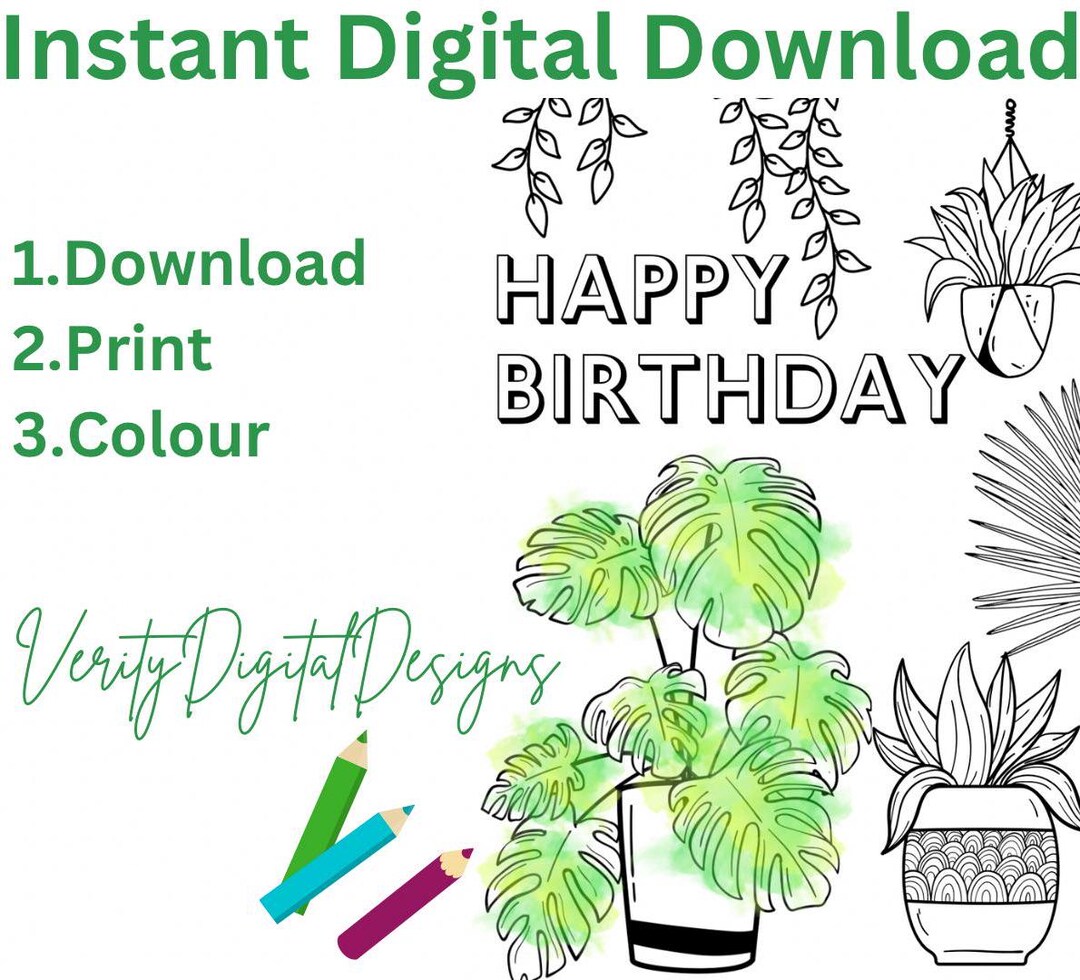 Colour in Plant Happy Birthday Card Kids Adult Craft Easy Printable ...