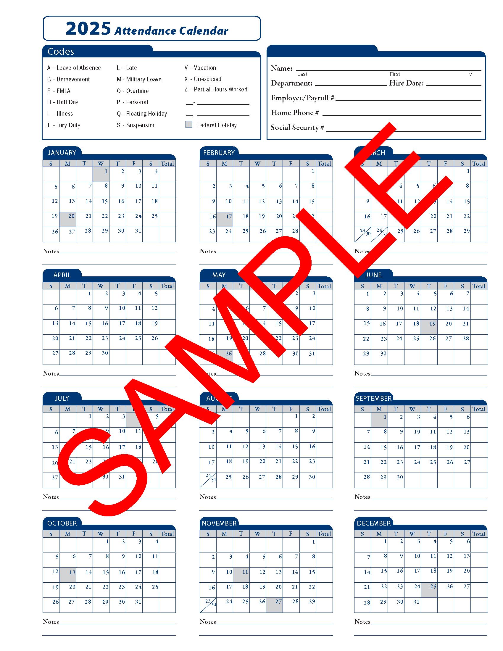2025 Employee Attendance Calendar | Instant Download | Printable - Etsy