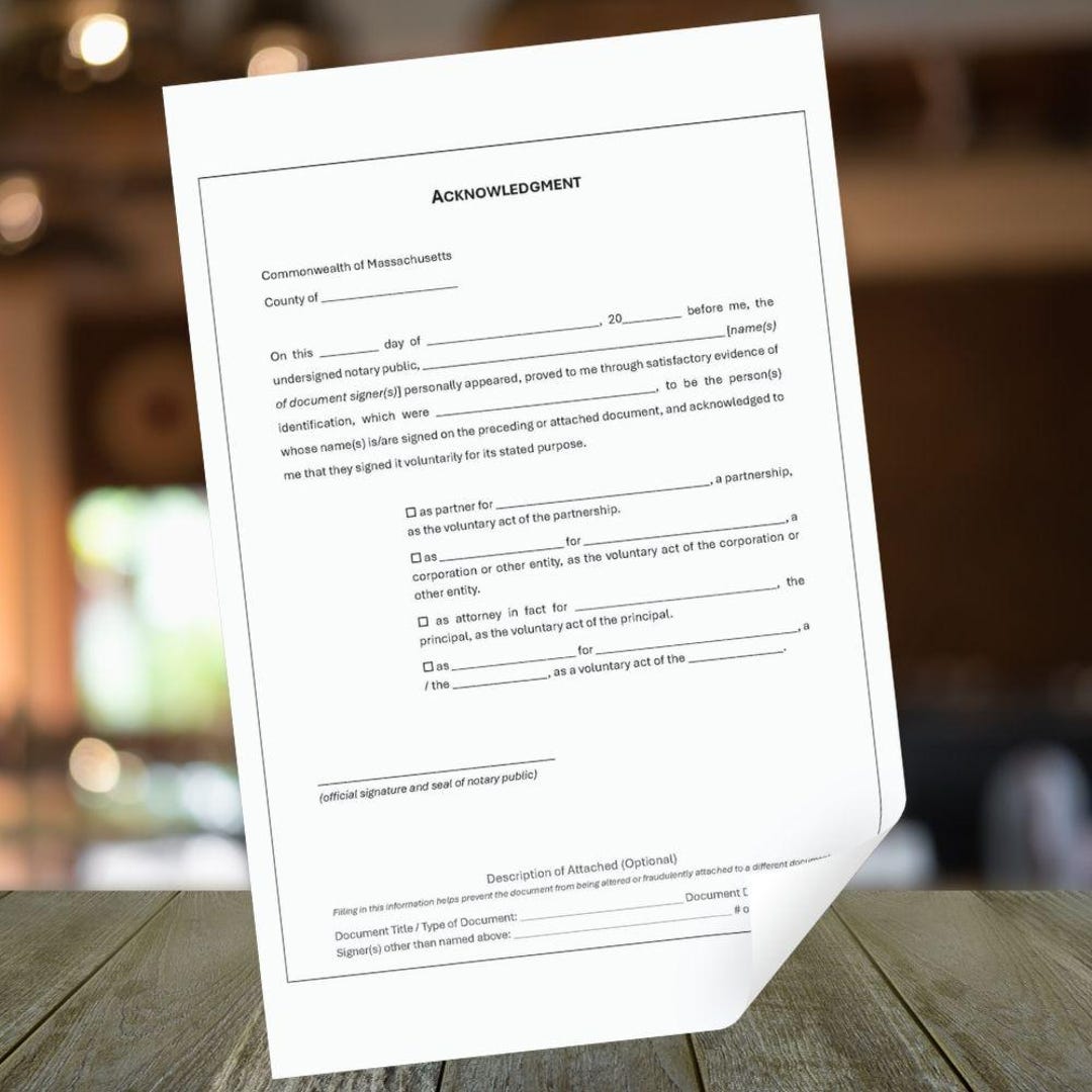 Massachusetts Notary Acknowledgment Form PDF | MA All-purpose ...