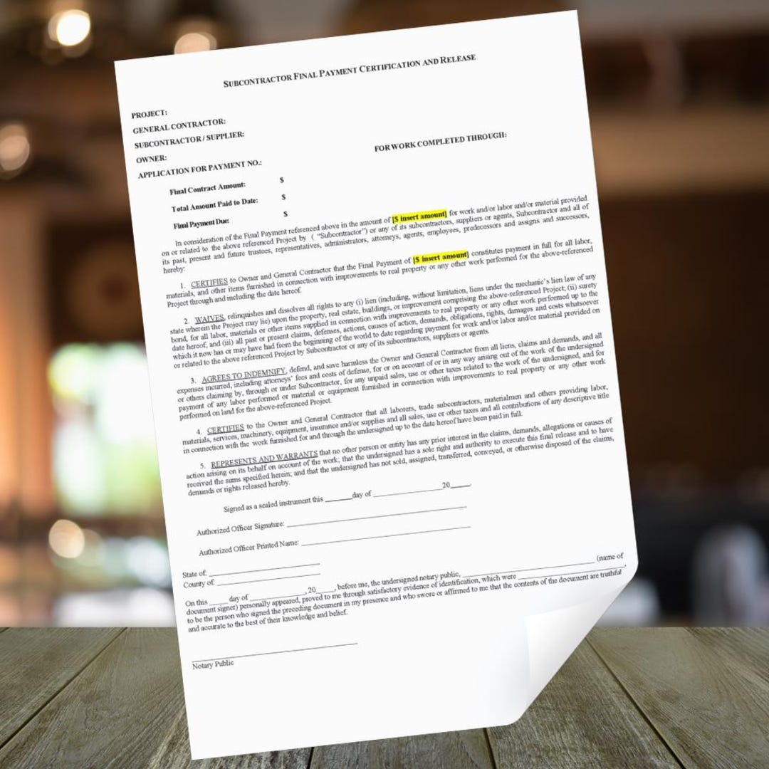 Subcontractor Final Payment Certificate and Release - Etsy