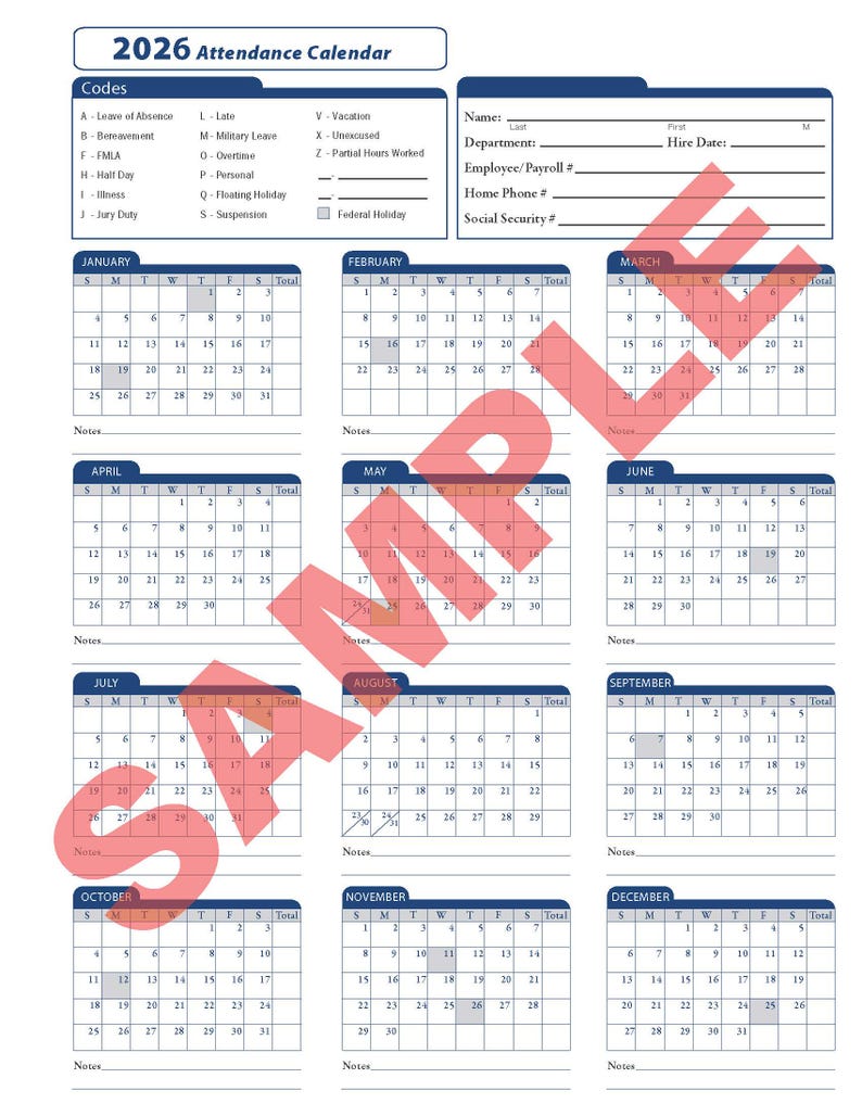 2026 Printable Employee Attendance Tracker - Etsy