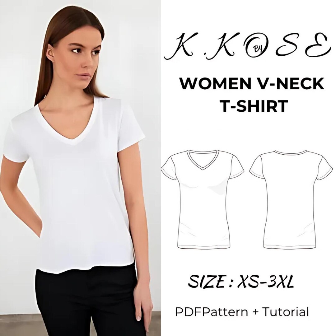 Patrón de costura en PDF para camiseta con cuello en V para mujer ...