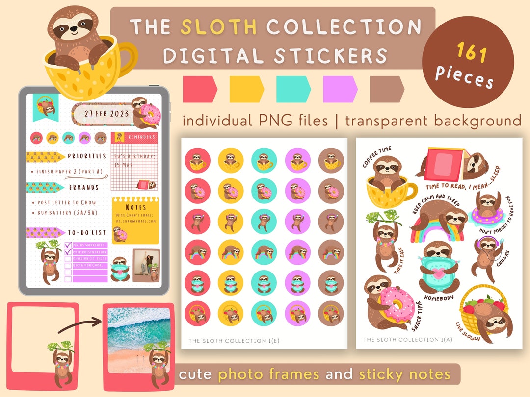Sloth Digital Planner Stickers, Bright Colour Png Sticker, Sloth Themed ...