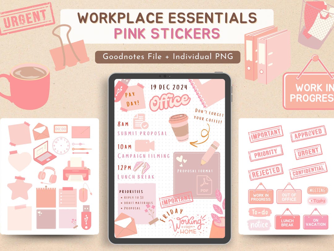 Digital Stickers - Pink Office Stickers, Pre-cropped Goodnotes Icons ...