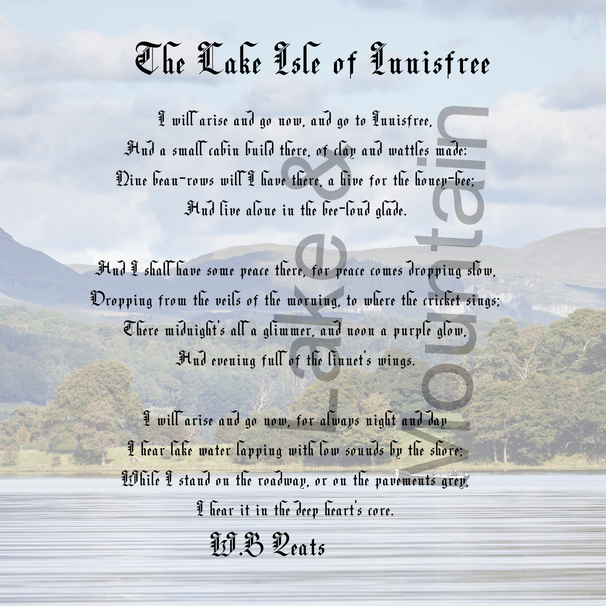 The Lake Isle of Innisfree Printed Poem Full Colour Poster Paper Print ...