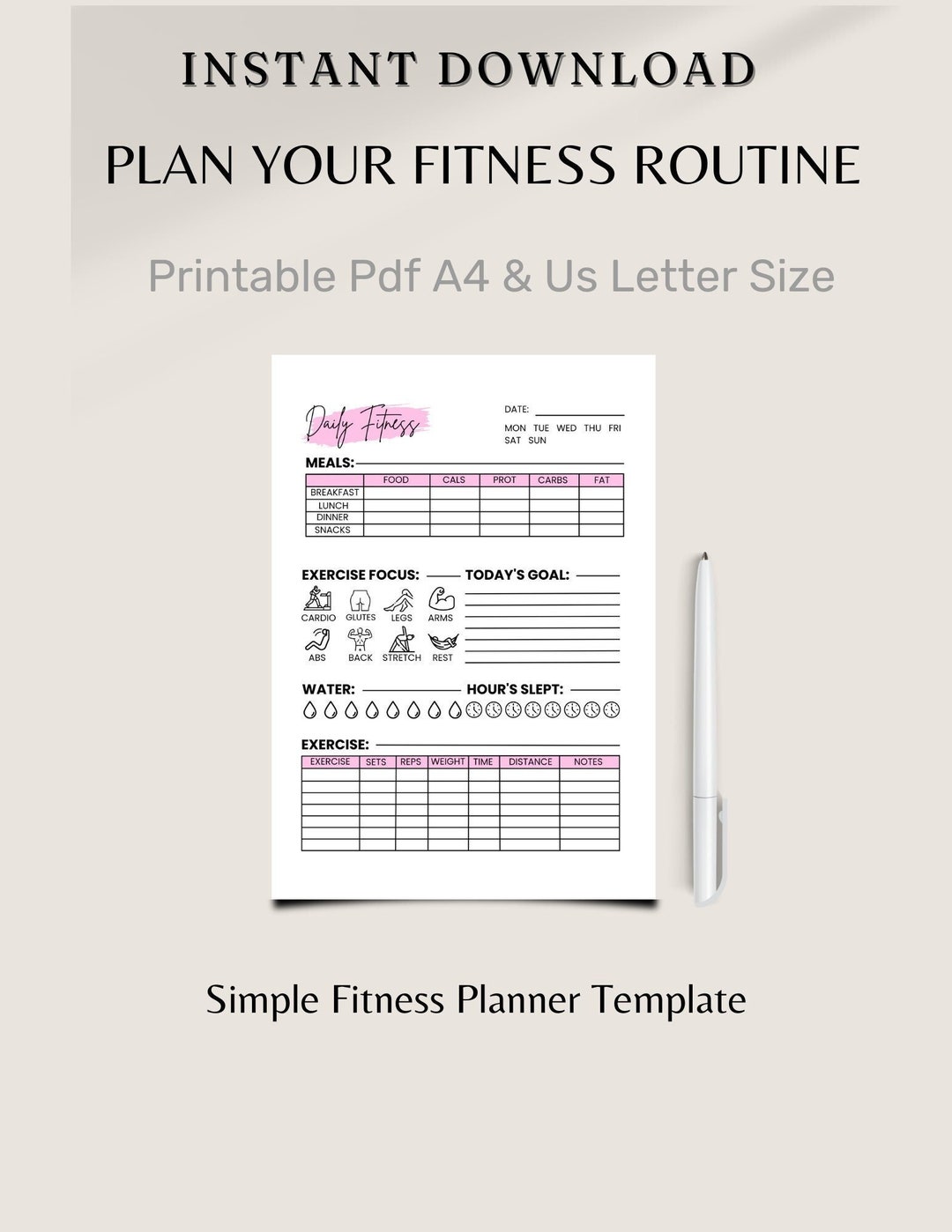 Workout Tracker Printable, Daily Exercise Log, Fitness Checklist, Daily ...