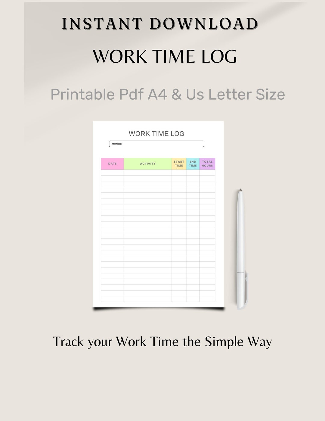 Time Tracker Printable, Working Hours Tracker, Work Time Log, Activity ...