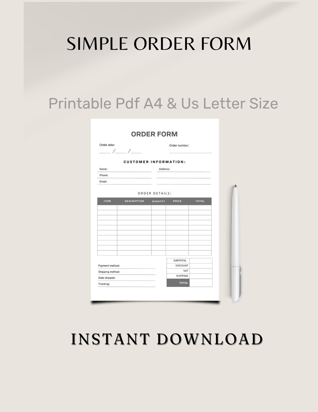 Order Form Template Printable, Order Form for Small Business, Purchase ...