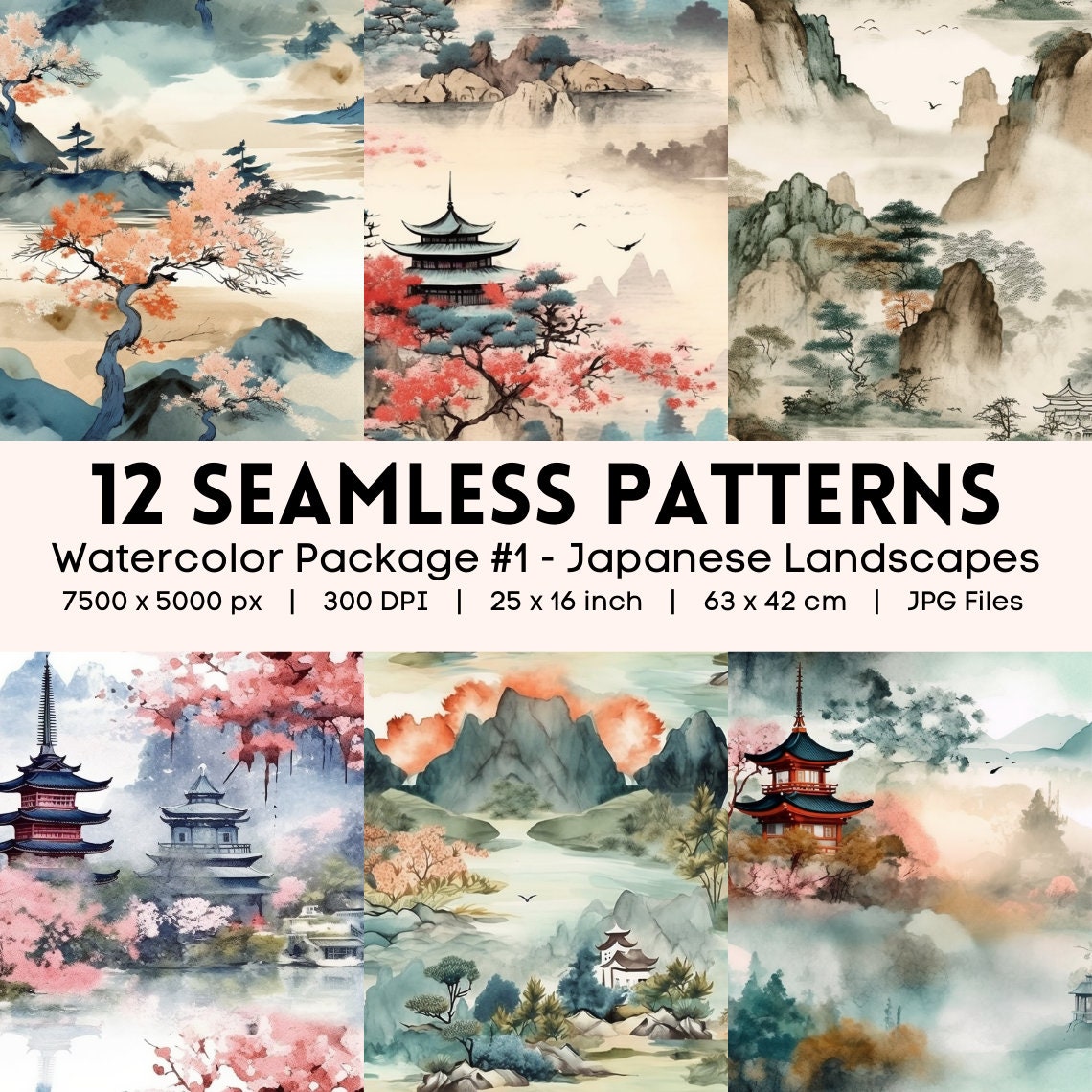 12 Seamless Patterns - Watercolor Package #1 - Japanese Landscapes ...