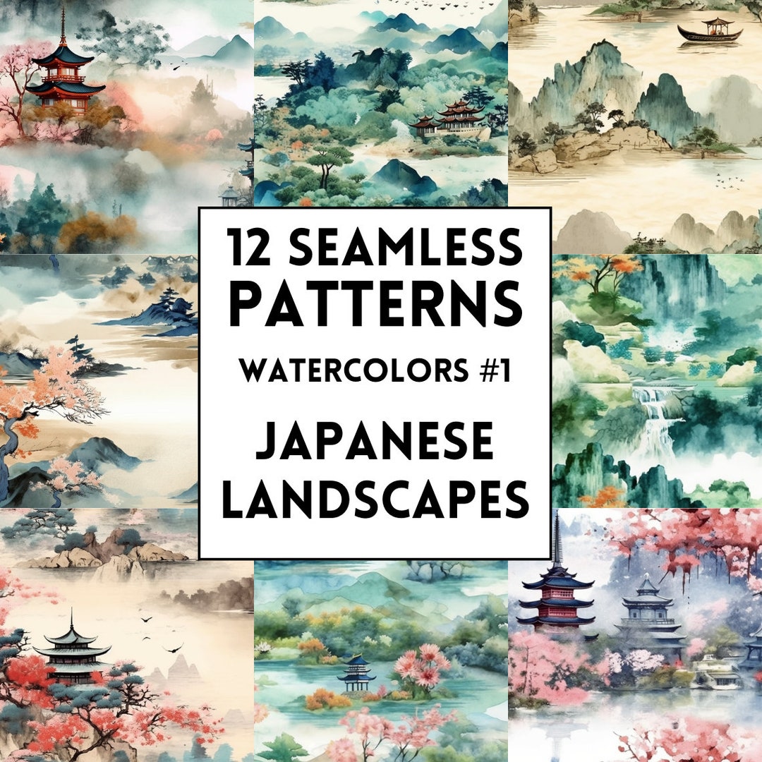 12 Seamless Patterns - Watercolor Package #1 - Japanese Landscapes ...