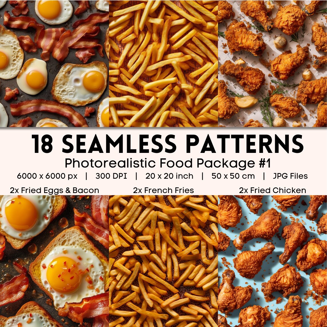 18 Seamless Patterns Photorealistic Food Package 1 Tasty Fast Food ...